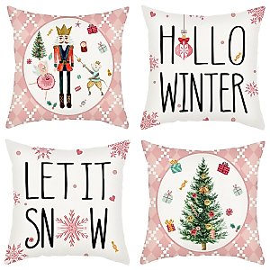 wyooxoo Christmas Pillow Covers 20x20 Set of 4 Christmas Tree Pink Throw Pillow Covers Cushion Cases Winter Decorative Farmhouse Pillowcases for Sofa Couch Living Room Home Decor (20" x 20", Pink)