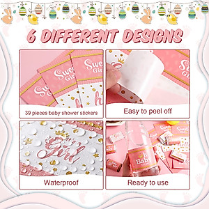 39 Pieces Baby Shower Water Bottle Labels Shower Water Bottle Stickers Wrappers Waterproof Baby Shower Labels for Baby Shower Party Decoration (Pink, Girl Style)