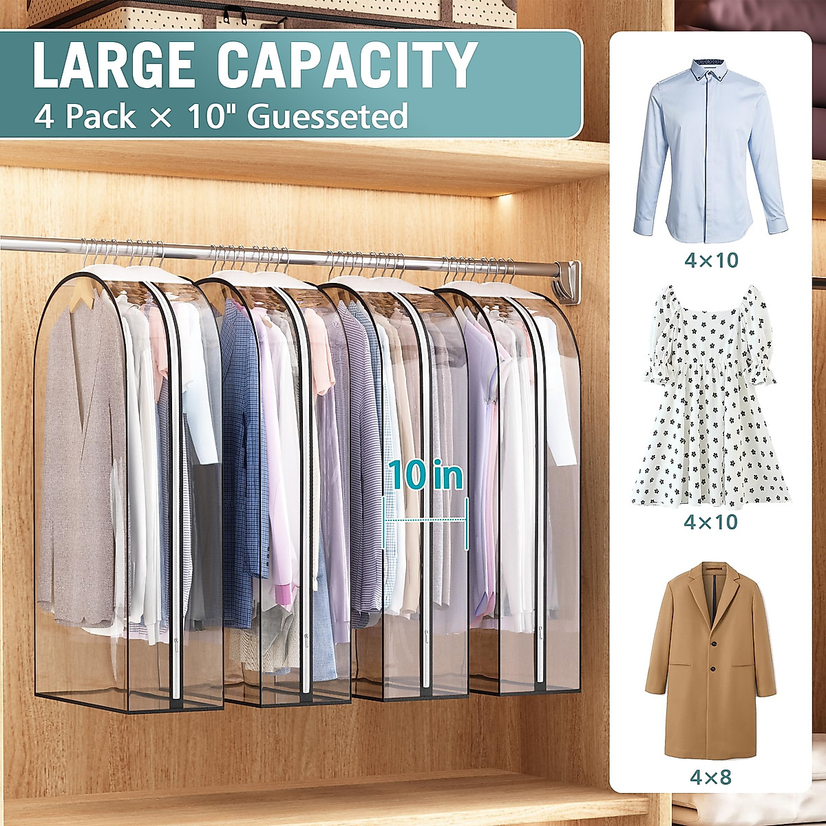 Liuoud Clear Garment Bag For Hanging Clothes- 4 Pack 10” Gusseted Suit Bags For Closet Storage, Plastic Clothes Storage Bag For Suit Coat Dress, fur, Closet Cover For Open Closet