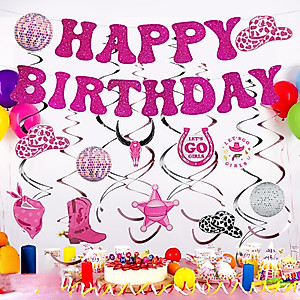 Western Cowgirl Party Hanging Decorations,Disco Cowgirl Birthday Party Decorations Hot Pink Happy Birthday Banner Disco Cowgirl Hanging Swirls Bachelorette Party Decor Supplies for Women Girls
