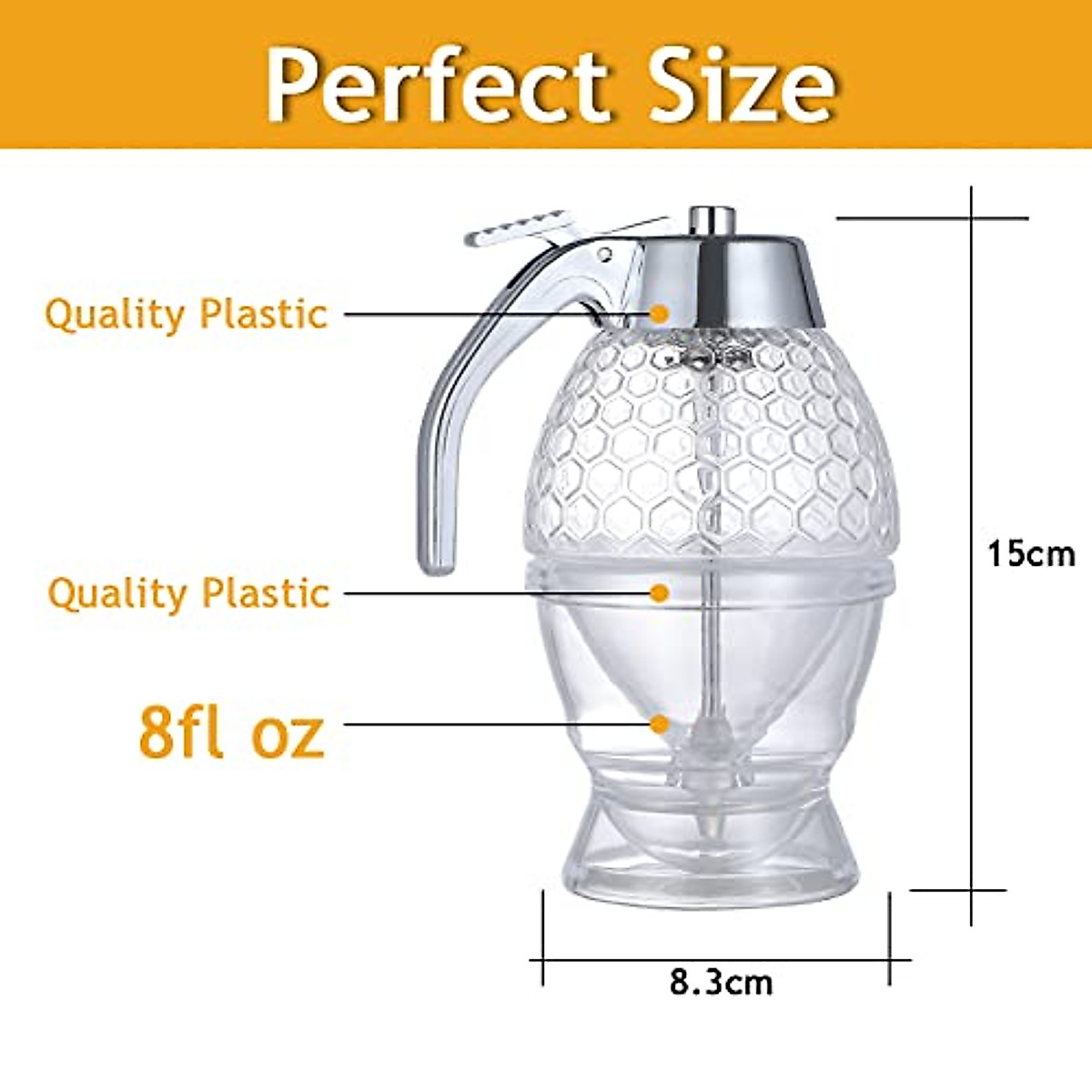 Honey Dispenser Syrup No Drip - Plastic Maple Syrup Dispenser - Beautiful Honey Comb Shaped Honey Pot - Honey Jar with Stand, Great Bee Decor