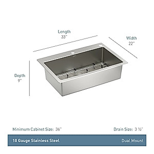 Moen Luxe Chef 18-Gauge Stainless Steel Dual Mount 33" x 22" Single Bowl Workstation Sink, Includes Cutting Board, Flexible Drying Rack, Colander, Bottom Sink Grid, and Drain, GS181012BUX