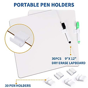 30 Piece Dry Erase Lap Boards Double-Sided for Classroom, 9 x 12 Inches Portable Lap Board Classroom Whiteboard with 60 Pens, 30 Erasers and 30 Pen Holders for Students and Adults