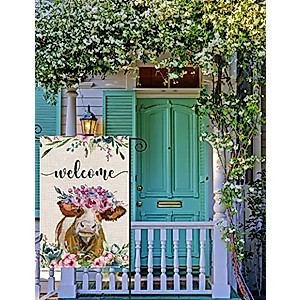 Spring Welcome Cow with Flowers Garden Flag for Outdoor Small Yard Flag for Outside Seasonal Decor for Summer Farmhouse Holiday 12x18 Inch Double Sided