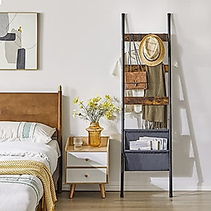 IBUYKE Blanket Rack Towel Rack Holder with Hooks Blanket Ladders Wall Leaning Metal Holder Rack for Living Room,Bathroom,Bedroom Home Decor Rustic Brown TTR001H