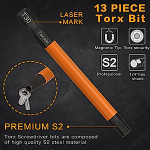 Torx Bit Set, Tonsiki 13PCS Security Torx Bit Set, Tamper Resistant Star Bits Set S2 Steel, 1/4'' Hex Shank Screwdriver Bit with Magnetic, 3'' Long, T5-T40