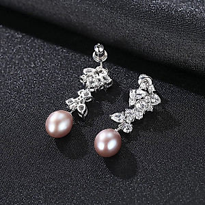 QuakerBird Freshwater Cultured Genuine Pearl Drop Earrings for Women Sterling Silver 9-10 mm Pearls Tennis Cluster CZ Dangle Stud Earrings Wedding (01, ivory)
