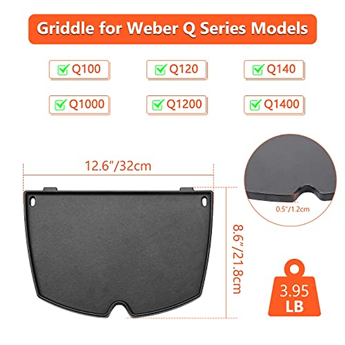 QuliMetal 6558 Grill Parts Cast Iron Cooking Griddle for Weber Q1000 Q1200 Q1400 Q100 Q120 Q140, Q100/1000 Series Gas Grills Accessories, 12.6 x 8.6 Inches