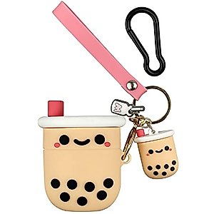 AIIEKZ Cute Airpods Case with Boba Keychain,Girly Pink Boba Milk Tea Silicone Protective Case Compatible with AirPods 2&1 Generation Case for Girls and Women