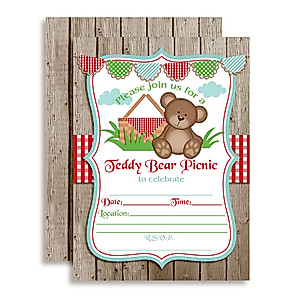 Teddy Bear Picnic Birthday Party Invitations, 20 5x7 Fill In Cards with Twenty White Envelopes by AmandaCreation