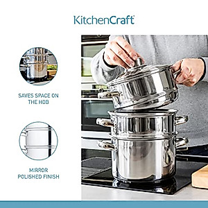 KitchenCraft KCCVSTEAM16 3 Tier Food Steamer Pan/Stock Pot in Gift Box, Induction Safe, Stainless Steel, 16 cm