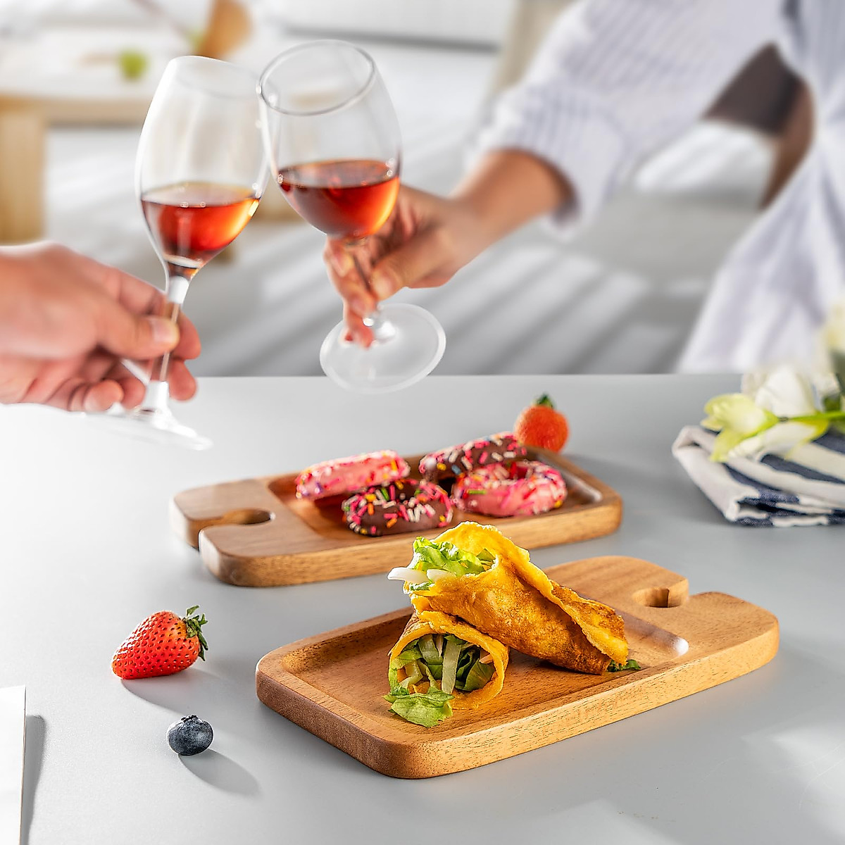 Wine Appetizer Serving Board, James.F Picnic Plate Set of 2, Acacia Wooden Serving Tray with Wine Holder, Mini Charcuterie Cheese Serving Boards Sets for Parties