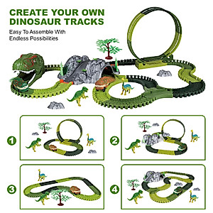 Dinosaur Track Toy Set, 194pcs Flexible Track Toy Set with Dino Car, 360 Degree Rotation Car Track Toy, Create A Dinosaur World Road Race, Dinosaur Toys Track for Kids Ages 3 4 5 6 7 Year Old Boy Girl