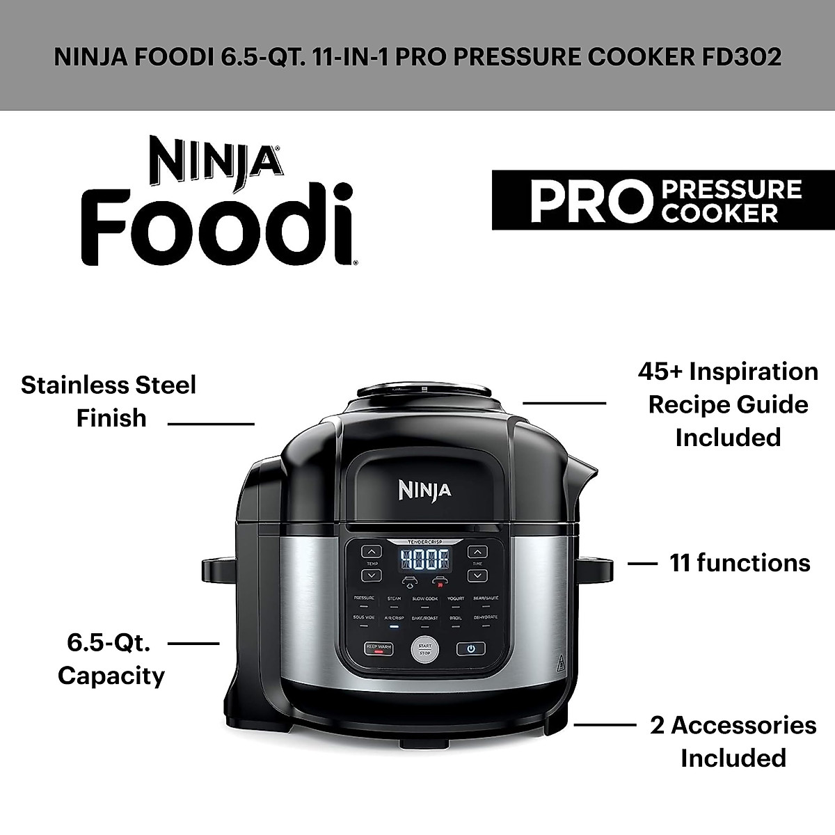 Ninja FD302 Foodi 11-in-1 Pro 6.5 qt. Pressure Cooker & Air Fryer that Steams, Slow Cooks, Sears, Sautés, Dehydrates & More, with 4.6 qt. Crisper Plate, Nesting Broil Rack & Recipe Book, Silver/Black