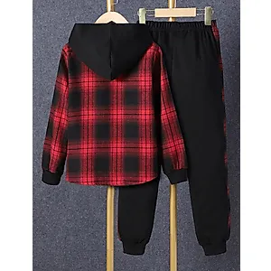 FERWANG Kids Toddler Boys 2 Piece Outfit Plaid Color Front Button Down Hoodie Sweatshirt and Jogger Sweatpants Sets