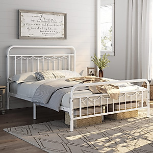 Yaheetech Queen Size Metal Bed Frame with Vintage Headboard and Footboard, Farmhouse Metal Platform Bed, Heavy Duty Steel Slat Support, Ample Under-Bed Storage, No Box Spring Needed, White