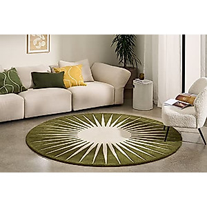 Moss Green Round Boho Sun Area Rug 3ft Washable Soft Thick Rug for Living Room Bedroom Wool Shaggy Circle Carpet Under Dining Room Table Non-Slip Circular Indoor Floor Mat
