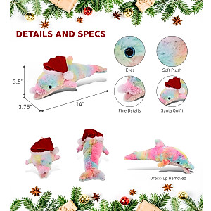 DolliBu Santa Rainbow Dolphin Stuffed Animal Plush Toy - Super Soft Wild Animal Dress Up with Red Santa Claus Hat, Wildlife Gift, Perfect Holiday with Name Personalization - 14 Inches