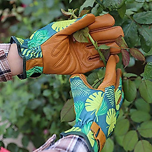 OLSON DEEPAK Womens Gardening Gloves with Grain Leather for Yard Work, Rose Pruning and Daily Work perfect fitting for women Garden Gloves with Fashion palm leaf pattern(Medium, normal-cuffs)