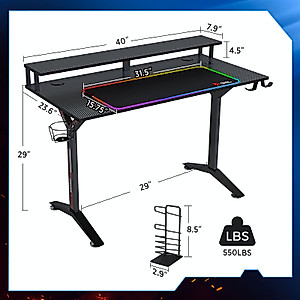 SEVEN WARRIOR Gaming Desk 40INCH with RGB Mouse Pad & Power Outlet, Carbon Fiber Surface Gamer Desk with Monitor Stand, Ergonomic Y Shaped Gamer Table with Cup Holder, Headphone Hook, Outlet Organizer