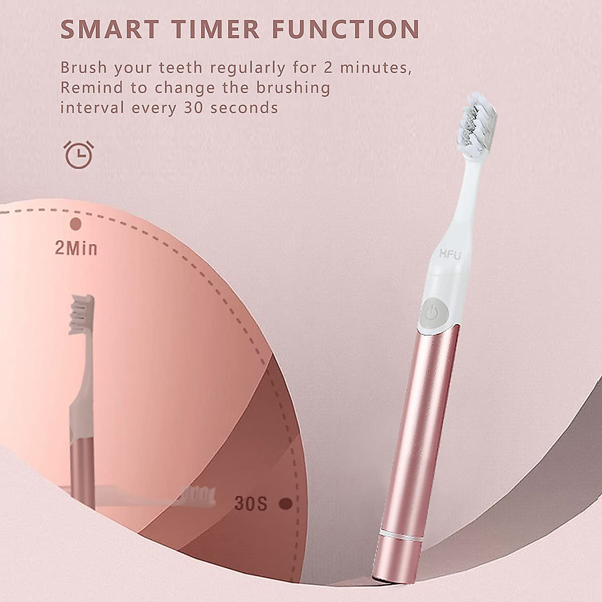 XFU Electric Toothbrush Kit for Adult, Battery Powered Traveling Toothbrush with Cover - 2 Modes with Smart Timer - 2 Soft Dupont Brush Heads and Waterproof IPX7 (Rose Gold)