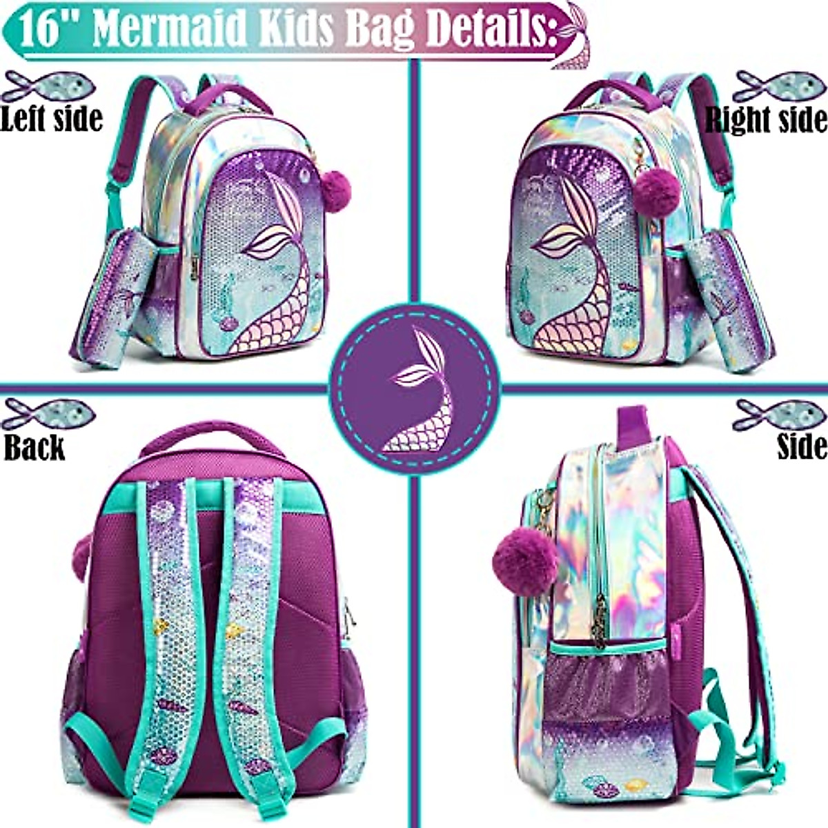 Egchescebo Girls Mermaid backpack School Bookbag for Girls Kids Bling School Elementary Backpacks for Girls 16" 3PCS Black Backpack with Lunch Box Set Purple