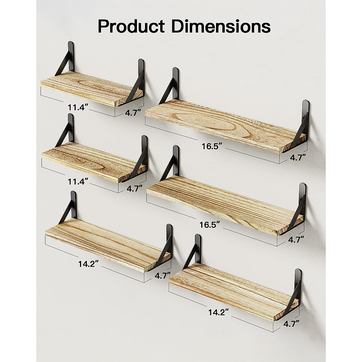 AMADA HOMEFURNISHING Wall Shelves Set of 6, Wood Floating Shelves for Wall Decor, Rustic Farmhouse Wall Shelves for Bedroom, Bathroom Shelves for Wall Storage, Book Shelves for Living Room, Wooden