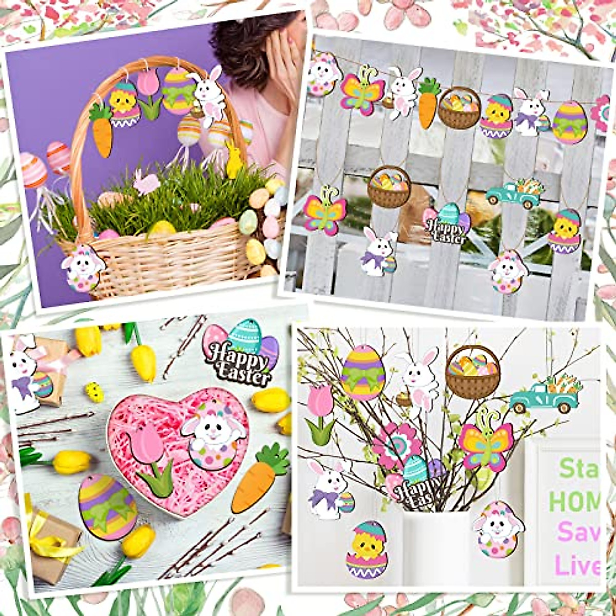 24 Pieces Spring Easter Wooden Ornaments Happy Easter Cutouts Embellishments Cute Holiday Decorations with Strings Hanging Ornaments for Easter Tree Party Home Classroom Decor (Bunny Egg Flower)