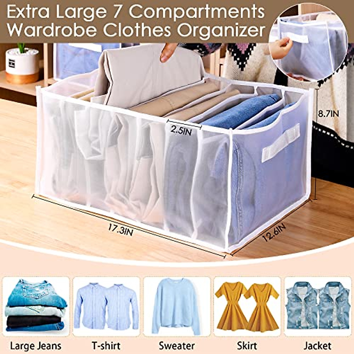 Extra Large Oversize Jeans Wardrobe Clothes Organizer, 7 Grid Mesh Closet Shelf Organizers for Jeans Pants T-shirts, 17.3-inch with Handle Foldable Drawer Storage Box Bedroom (White, 2Pcs Upgraded)