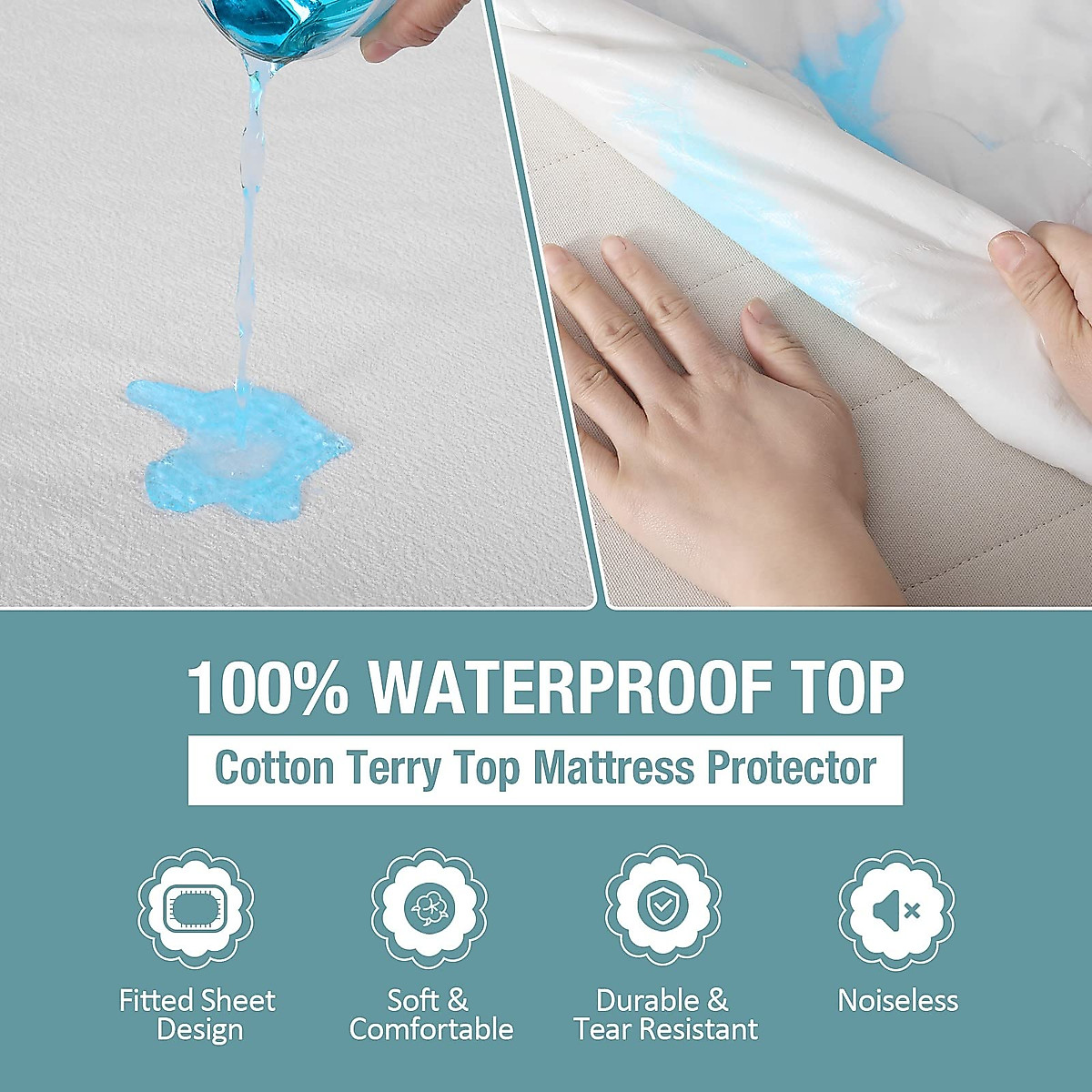 Full XL Fitted Sheet and Full XL Mattress Protector Waterproof, Fitted Bed Sheet for PillowTop Thick Mattress 21" Extra Deep Pocket White, Cotton Terry Mattress Cover Noiseless Kids Pee Bed 18"