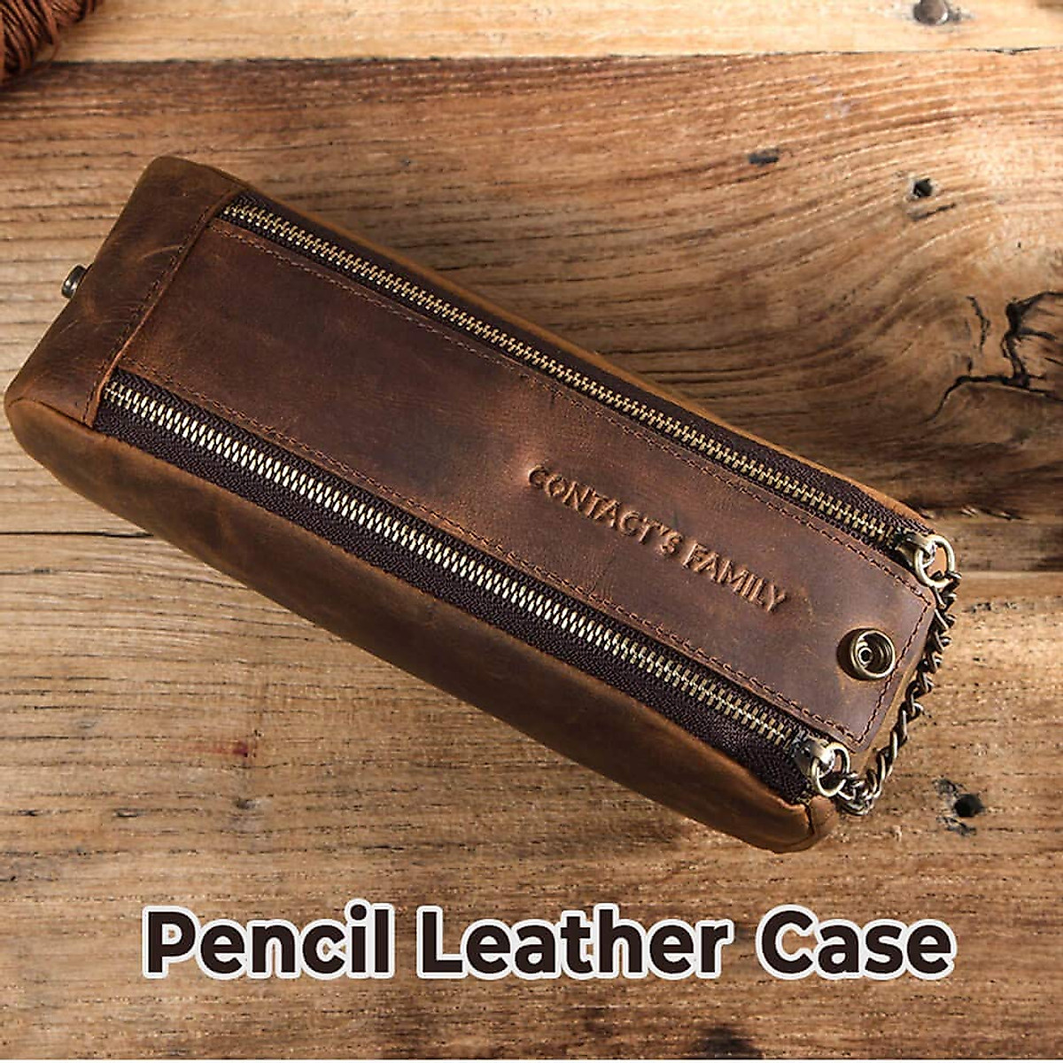 Hiram Pen Case Leather Pouch, Crazy Horse Cowhide Leather Zipper Pencil Case Leather, Portable Pen Bag Pouch Leather Cosmetic Case(Coffee)