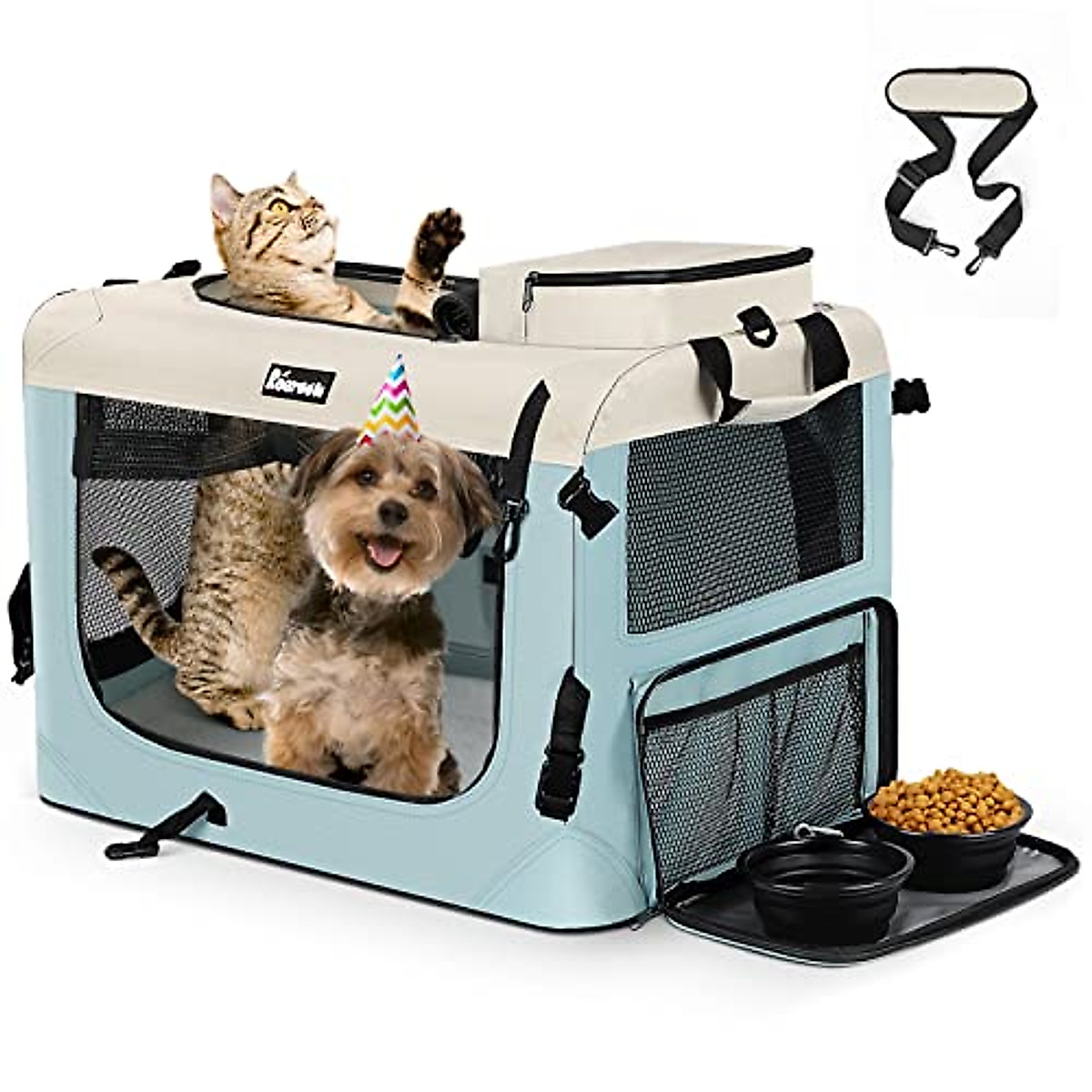 Reerooh Large Cat Carrier 24"x17"x17", Soft Dog Crate with 2 Bowls, Collapsible Travel Pet Carrier Bag for Cats Dogs Puppies Kittens (Blue)