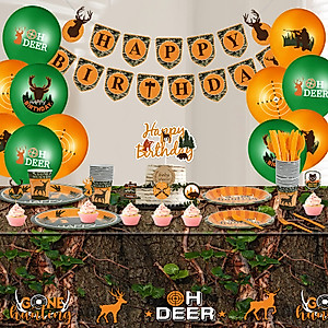 165 Pcs Hunting Birthday Party Decorations Hunting Birthday Banner Cake Decors Deer Balloons Camo Paper Plates Cups Serves 16 Guests Hunting Birthday Party Supplies Camo Tablecloth (Banner)