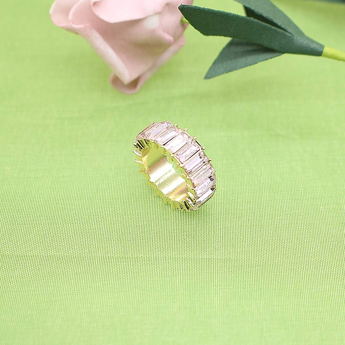 HSQYJ Rainbow Baguette Band Ring Eternity Band Cubic Zirconia Ring Gold Plated Fashion Luxury Jewelry Crystal Cocktail Rings for Women Gift