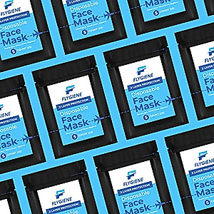 FLYGIENE Travel Size Face Mask | 10 Count | Breathable Travel Face Mask 3 Ply Black Disposable Face Mask for Adults | TSA Approved Air Travel Mask for Airplane Travel | Black | 10 Count (2 Packs of 5)
