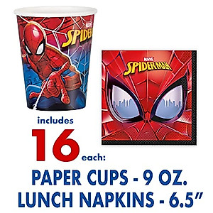Spiderman Birthday Party Supplies Set | Spiderman Party Supplies | Spiderman Birthday Decorations | Serves 16 Guests | With Balloons, Banner, Table Cover, Plates, Cups, Napkins, Masks, Button
