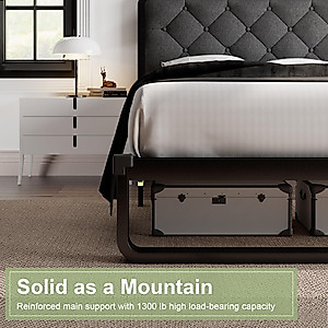 Feonase Twin Size Bed Frame, Upholstered Platform Bed Frame with Heavy-Duty Metal Steel Slats, Diamond Linen Headboard, 12" Storage Space, No Box Spring Needed, Noise Free, Easy Assembly, Dark Gray