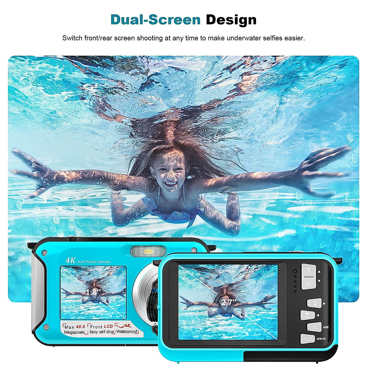 Waterproof Digital Camera 4K 48MP 11FT Autofocus 16X Digital Zoom Waterproof Camera with 32G Card Selfie Dual Screens Underwater Camera