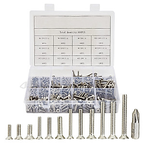 Built Industrial 400 Piece Machine Screw Assortment Kit, 304 Stainless Steel Flathead Set with #2 Phillips Driver Bit and Storage Case, 6-32, 8-32, and #10-24 Screws