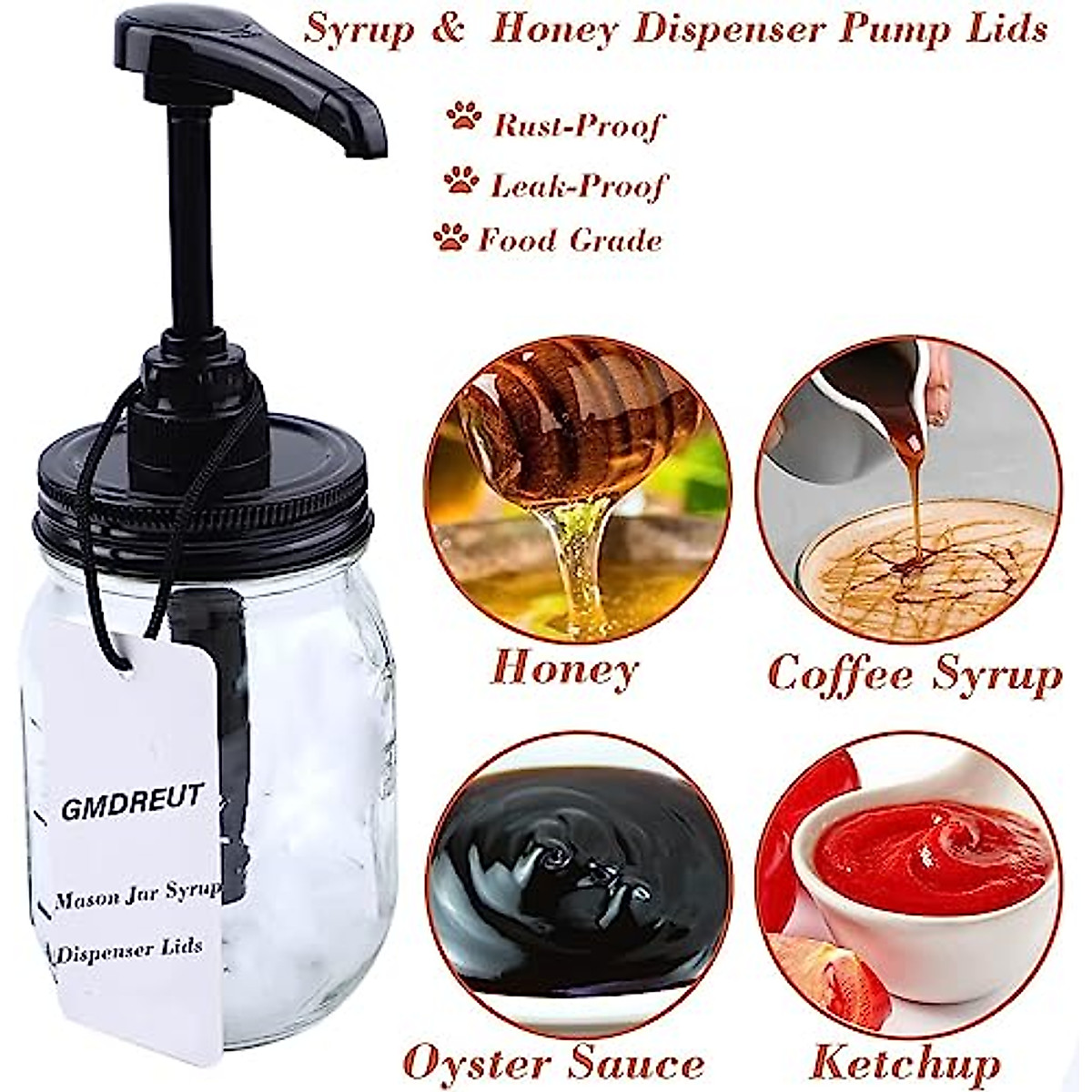 GMDREUT Mason Jar Syrup & Honey Pump Dispenser Lids For Regular Mouth Jar (2 Pack) Coffee Syrup Dispenser Food Grade, Airtight & Leak & Rust Proof Sauce Dispenser Pump Lids (Jar Not Included)