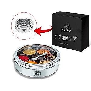 King International Stainless Steel Indian Spice Box, Indian See Through Masala Dabba, Masala Box,Steel Masala Dabba, Indian Spice Container, with 7 Spice containers Size 20 X 20 x 8 cm, Set of 9