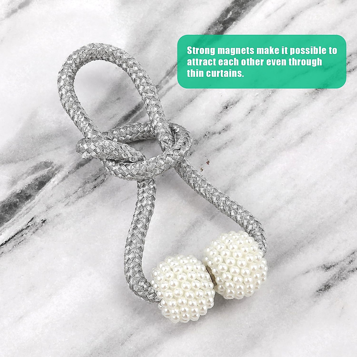8pcs Magnetic Curtain Ties, Pearl Curtain Ties Decorative Rope Curtain Holder Holdbacks for Drapes Modern Curtain Holdbacks for Home Office Hotel Window Decorative(Grey)
