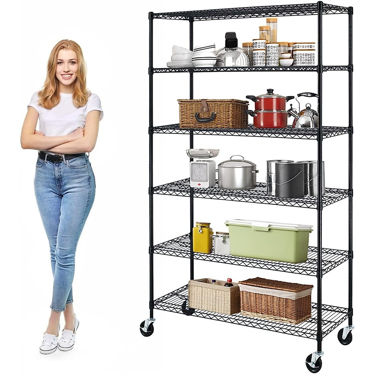 YRLLENSDAN 6 Tier Wire Shelving Unit 6000lbs Capacity Metal Storage Shelves with Wheels Height Adjustable Heavy Duty Steel Shelf for Kitchen Garage,48" W x 18" D x 72" H, Black