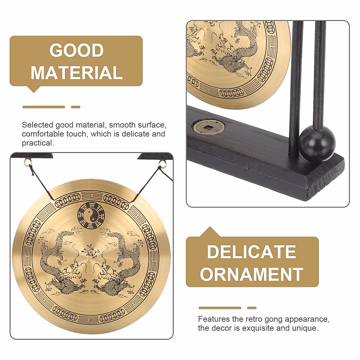 Yardwe Chinese Gong with Stand Gong Vintage Zen Table Gong Taiji Symbol Feng Shui Meditation Desk Bell Asian Gong Bell for Home Decoration