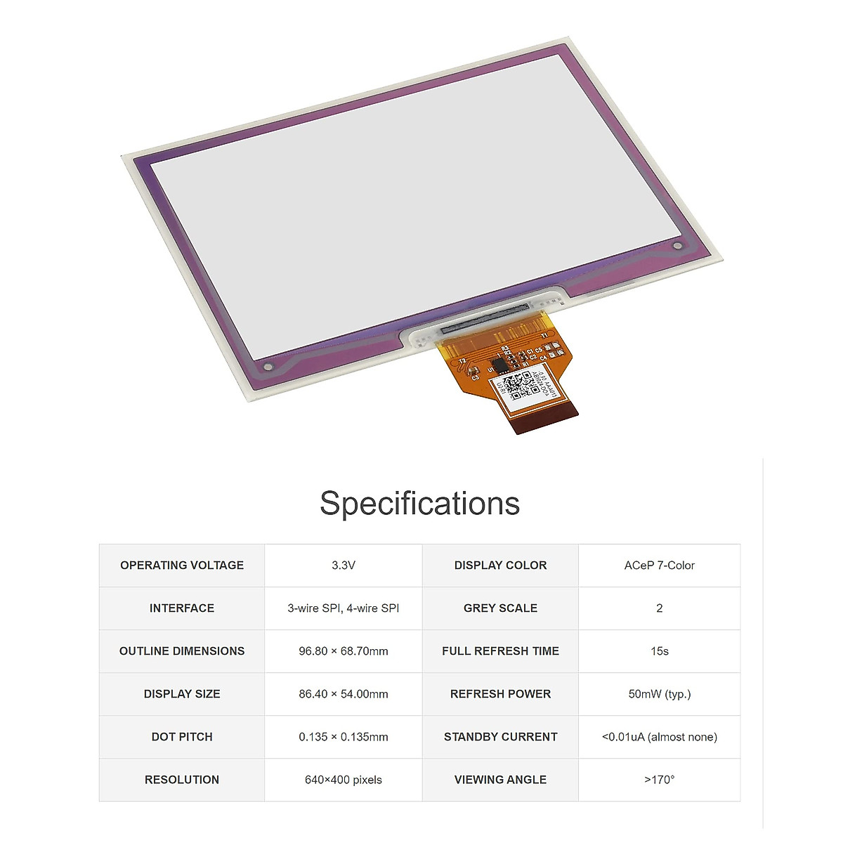 waveshare 4.01 inch Colorful E-Paper E-Ink Display 640×400 ACeP 7-Color eink Raw Display 3.3V Advanced Color ePaper Screen Without PCB, SPI Interface