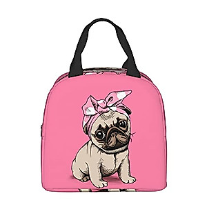 PrelerDIY Cute Pink Pug Lunch Box - Insulated Lunch Bags for Kids Boys Girls Reusable Lunch Tote Bags, Perfect for School/Camping/Hiking/Picnic/Beach/Travel