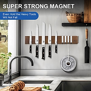 ENOKING Knife Magnetic Strip, Magnetic Knife Holder for Wall 16 Inch, Powerful Magnetic Knife Strip Acacia Wood Magnetic Knife Holder for Refrigerator, Wall Mount Magnet Knife Bar with 4 Hooks