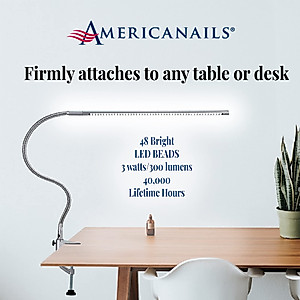 Americanails Original FlexiLamp - LED Table Desk Lamp - Removable Clamp - Adjustable Lighting for Nail Stations - Manicure Table Light - Flexible Arm - 48 LED Beads - 300 Lumens