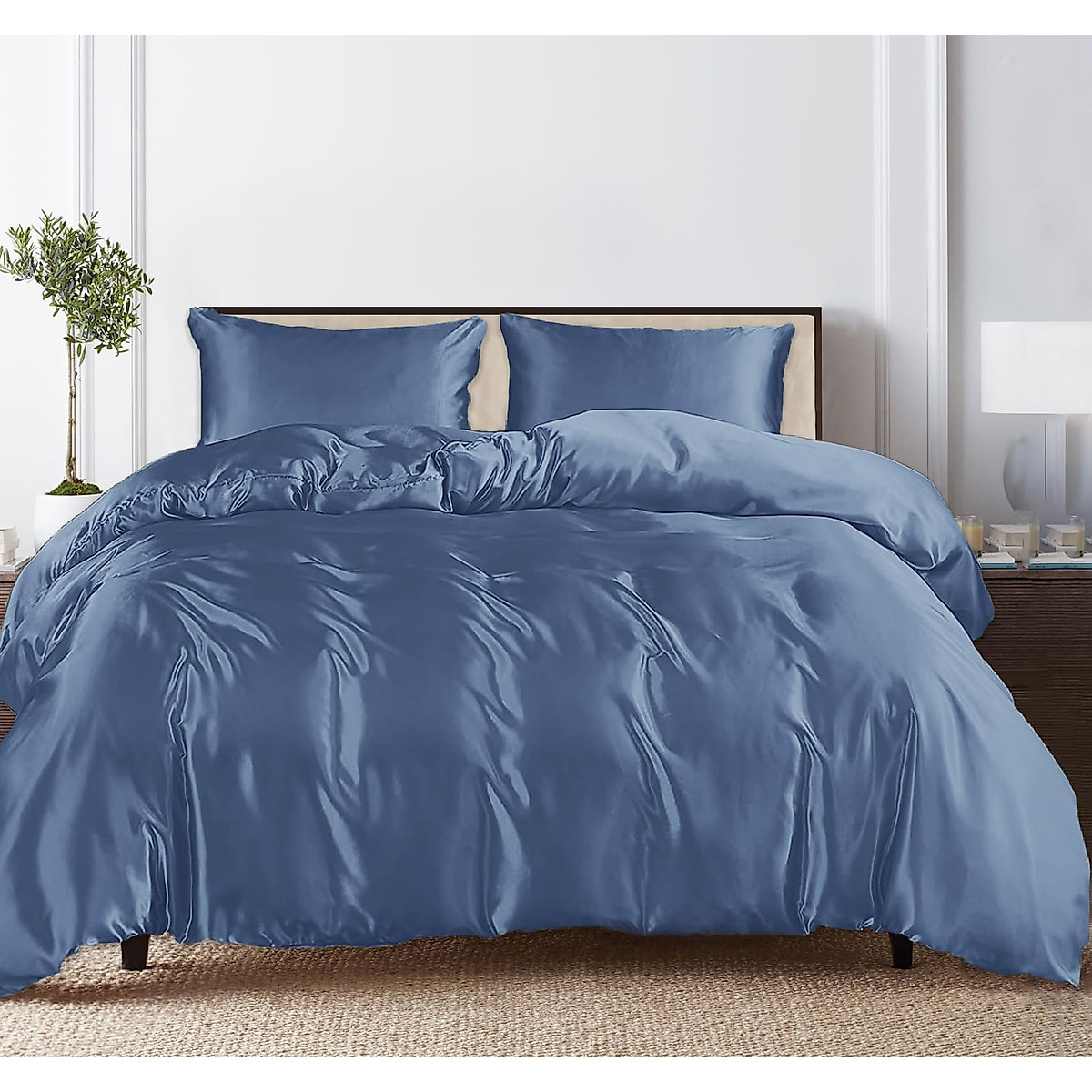 Linenwalas Tencel Lyocell Duvet Cover Set with Deep Pocket Fitted Sheet, Viscose Made from Eucalyptus Soft, Lightweight and Breathable Complete Bedding Set (Bahamas Blue, Queen)
