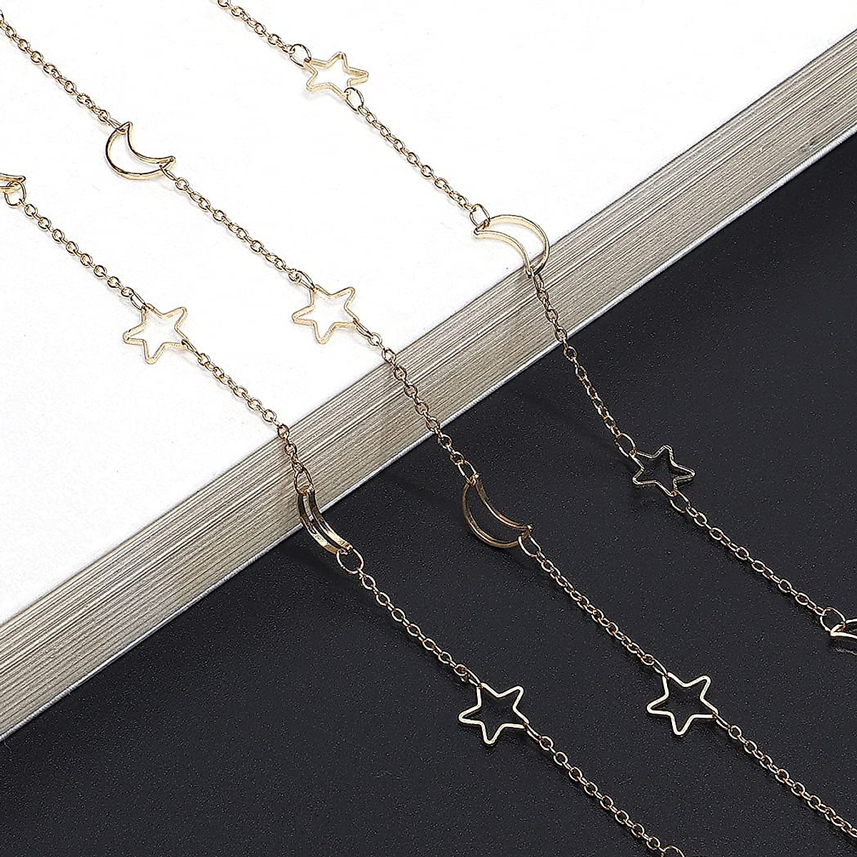 Aabellay 2PCS Eyeglass Chain Sunglass Strap Holder Reading Glass Cords Lanyard Necklace Eyewear Retainer Metal Long Necklace Accessories with Rubber Ends –Style Star and Moon